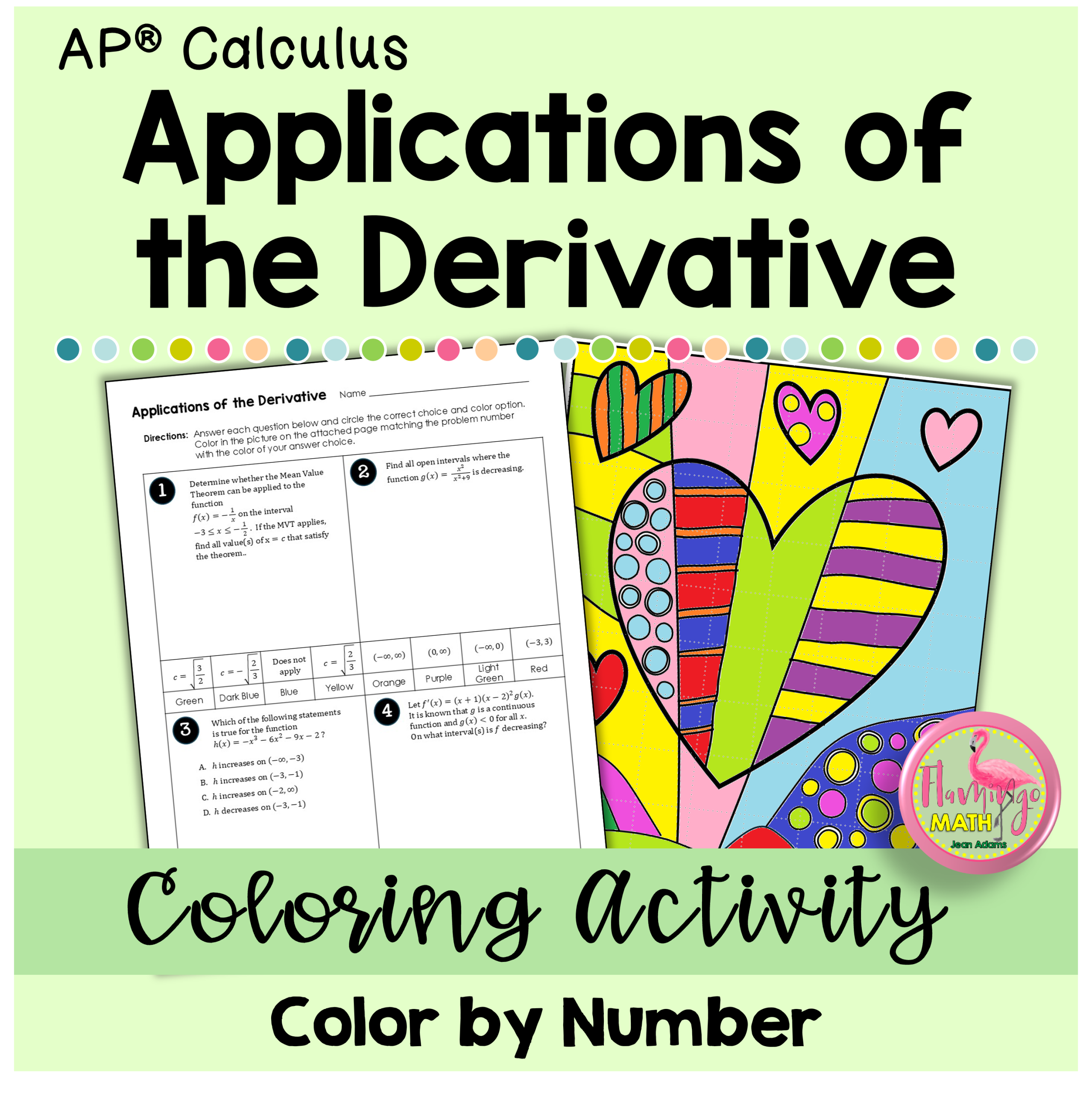 Applications of the Derivative Valentine's Day Color by Number Activity ...